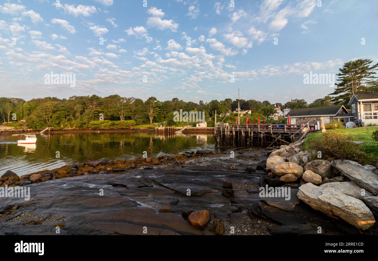 Round Pond harbor, Maine, USA on an early summer morning with blue ...