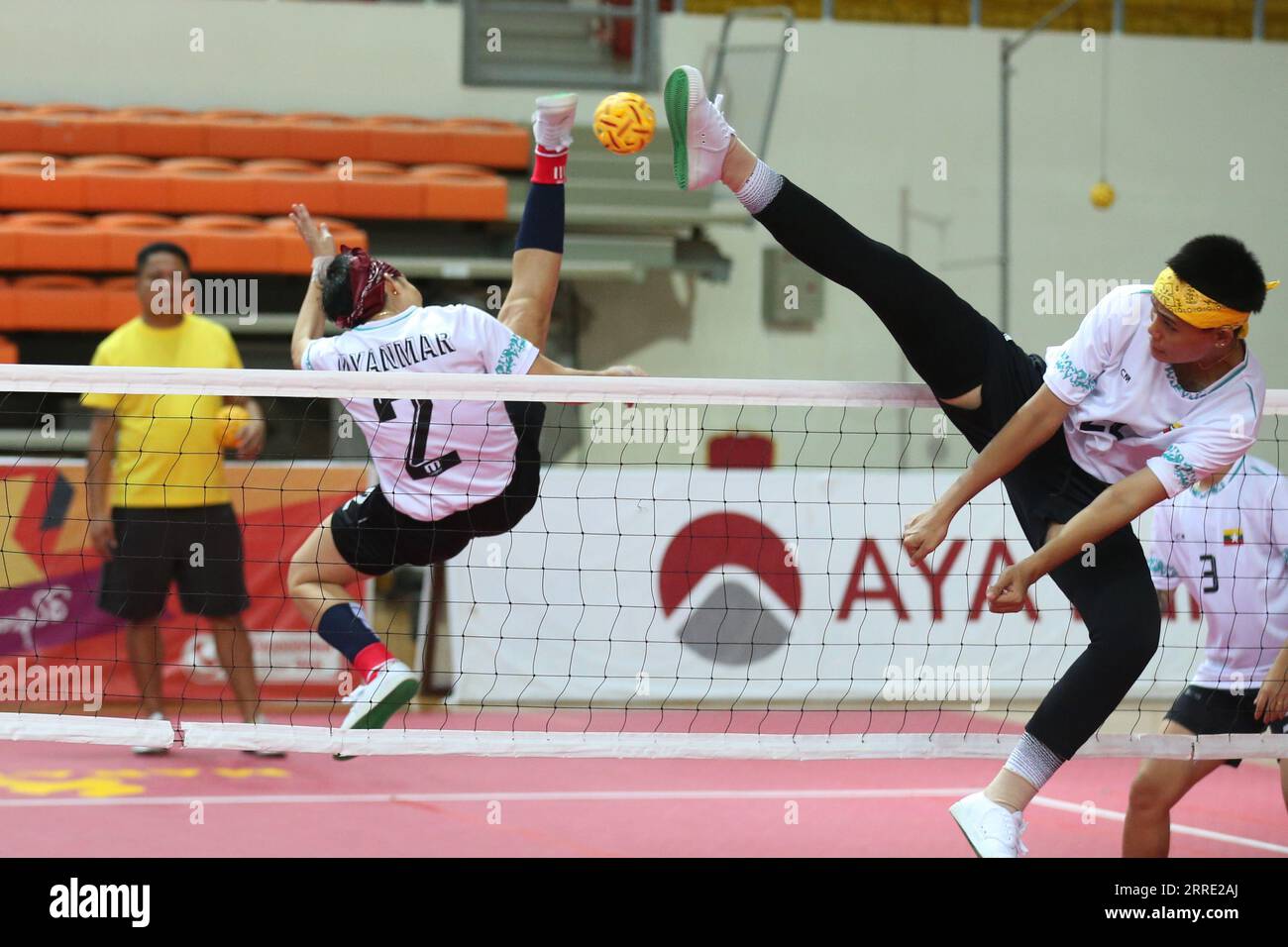 Nay Pyi Taw, Myanmar. 7th Sep, 2023. Members of Myanmar's national sepak takraw team attend a ...