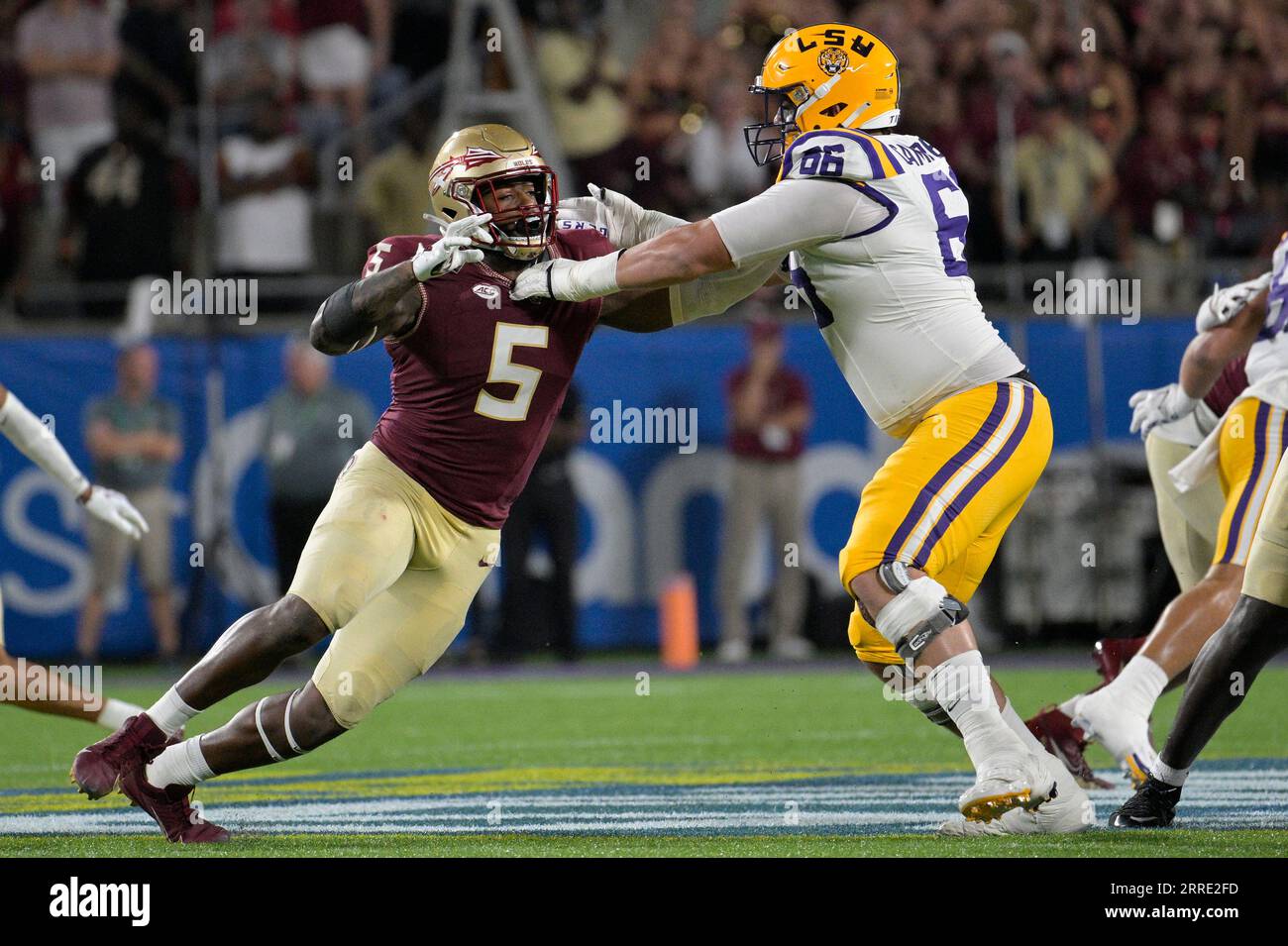 Florida State defensive lineman Jared Verse (5) works against LSU ...
