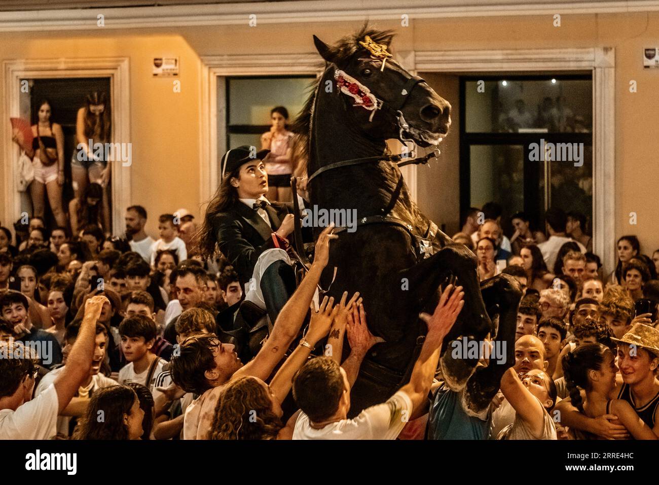 Mahon, Spain. 7th Sep, 2023. A 'caixer' (horse rider) rears up on his ...