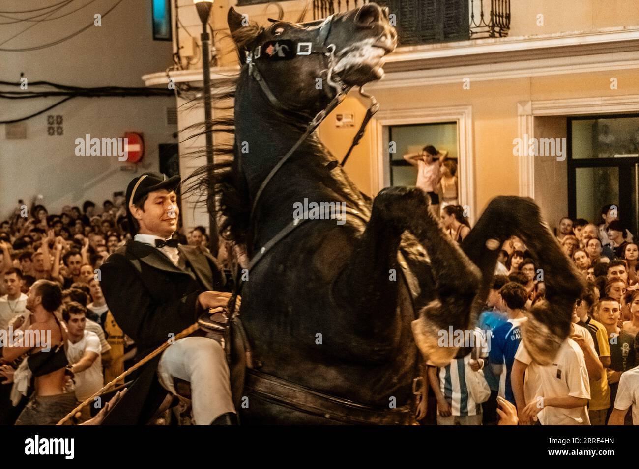Mahon, Spain. 7th Sep, 2023. A 'caixer' (horse rider) rears up on his ...