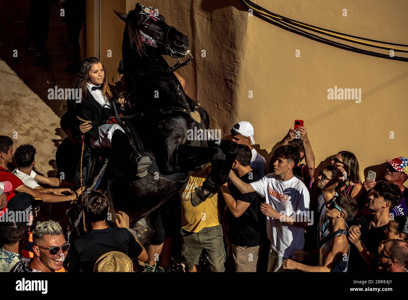 Mahon, Spain. 7th Sep, 2023. A 'caixer' (horse rider) rears up on his ...