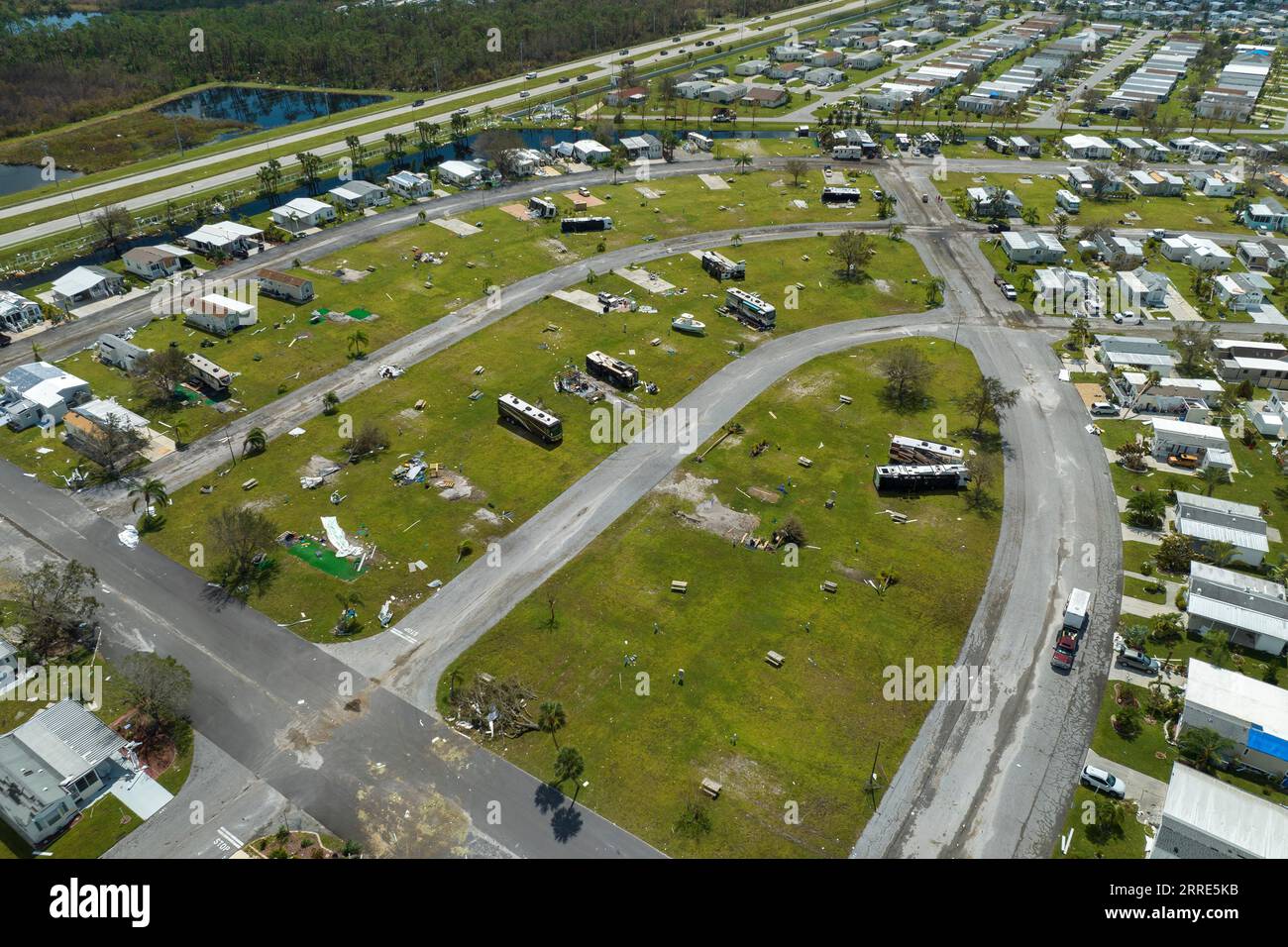 Destroyed RV camper vans and and mobile homes after hurricane in ...