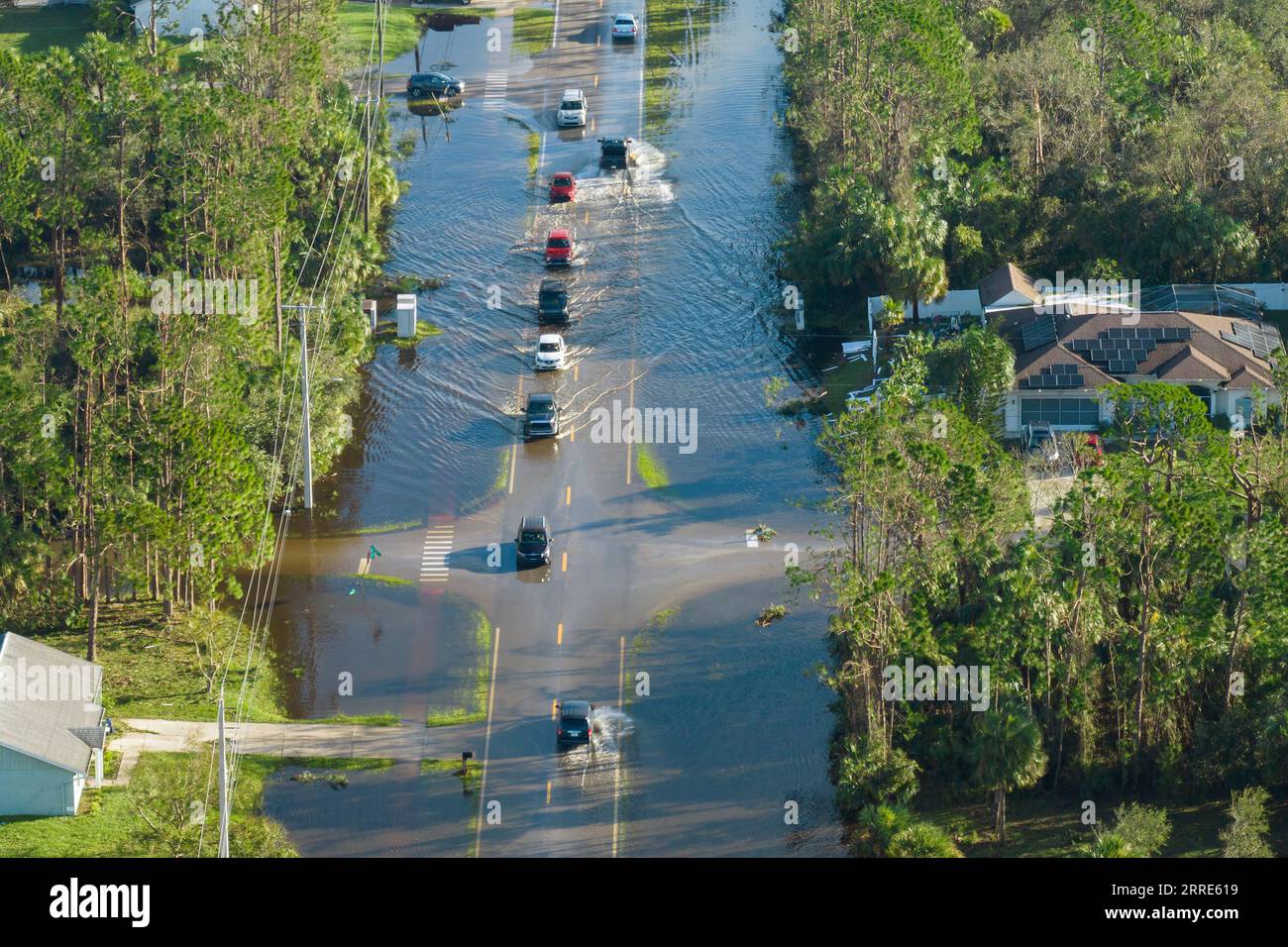 Flooded road in Florida after heavy hurricane rainfall. Aerial view of ...