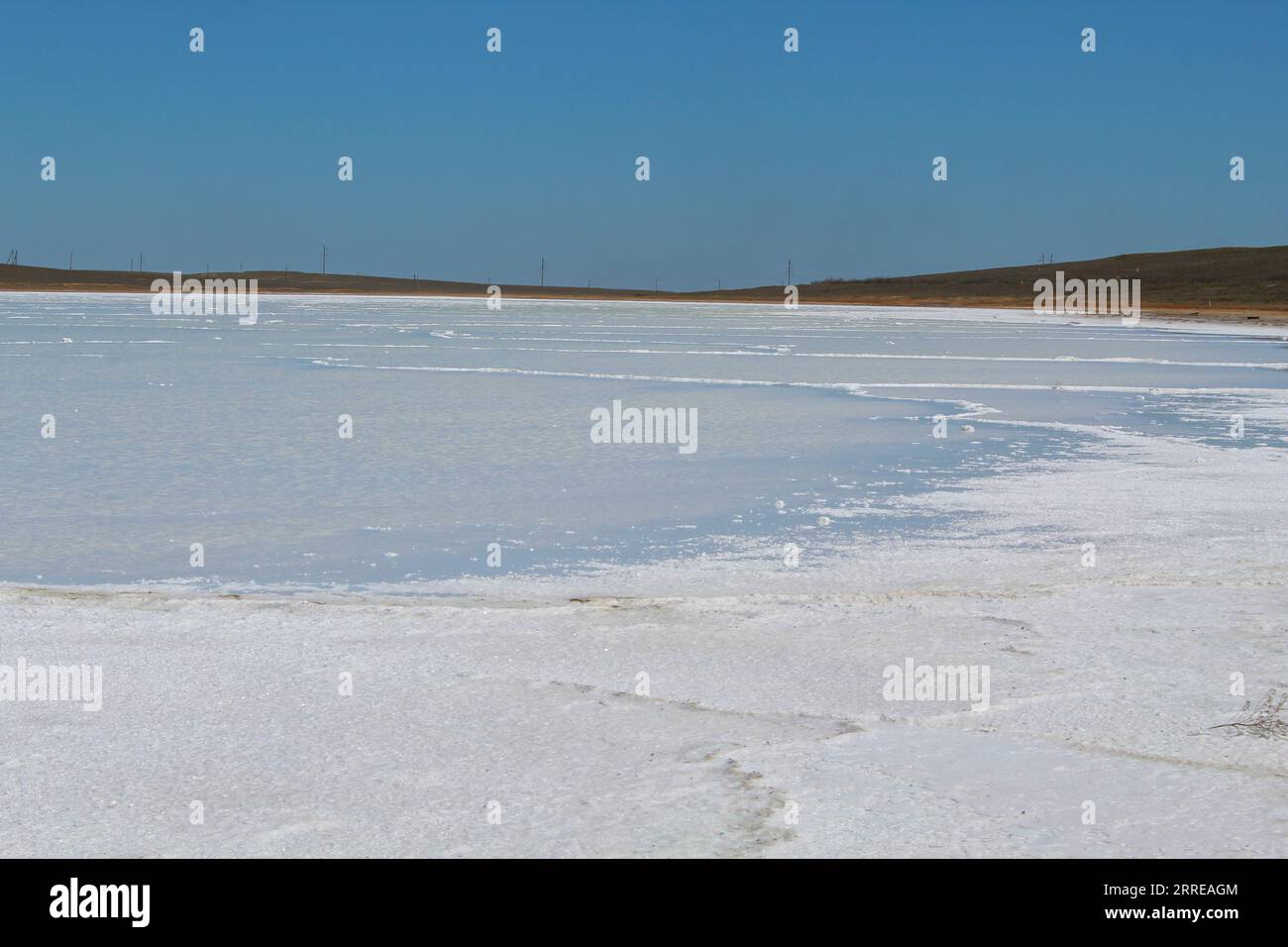 Summer panoramic landscape with small salt lakes and bright blue sky ...