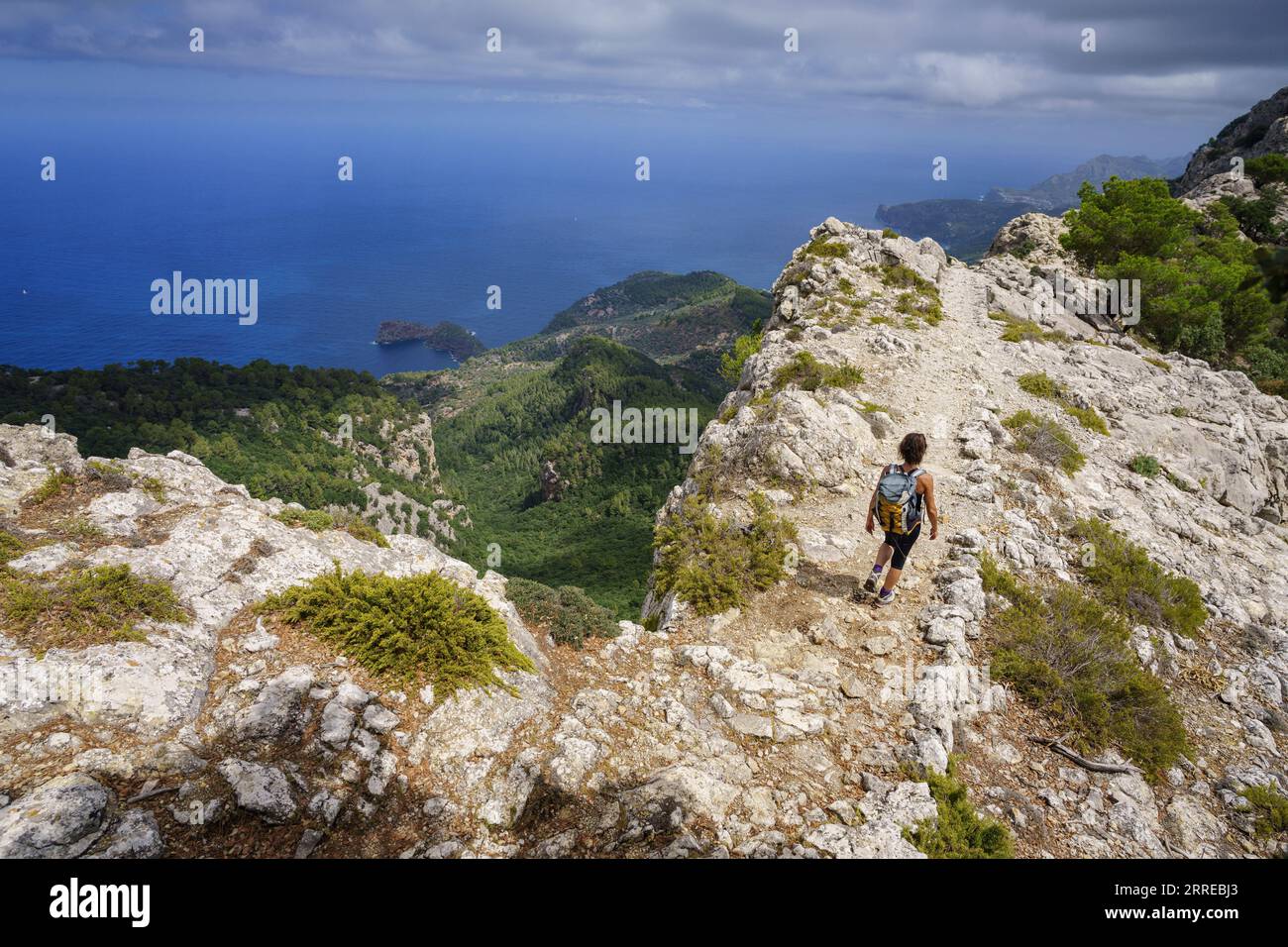 middle-aged woman walking Camí de s'Arxiduc route, Valldemossa, Majorca ...