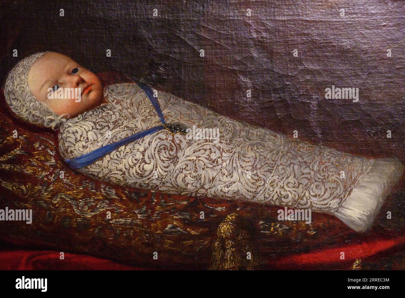 newborn wrapped in embroidered fabric, Louis XIV ?, circle of Beaubrun ...