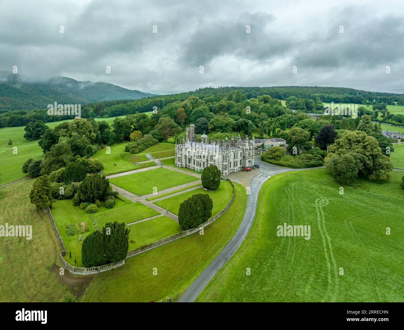 Aerial view of Narrow Water castle built in Elizabethan revival style ...