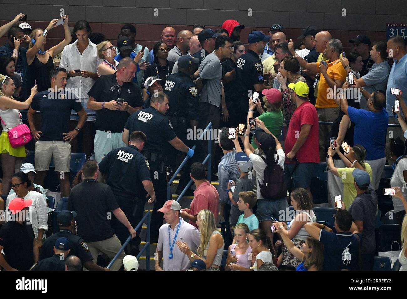 New York, USA. 07th Sep, 2023. A climate protestor (top grey t-shirt ...
