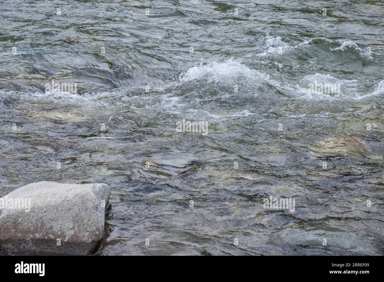 A wide, full-flowing mountain river with a fast current Stock Photo - Alamy