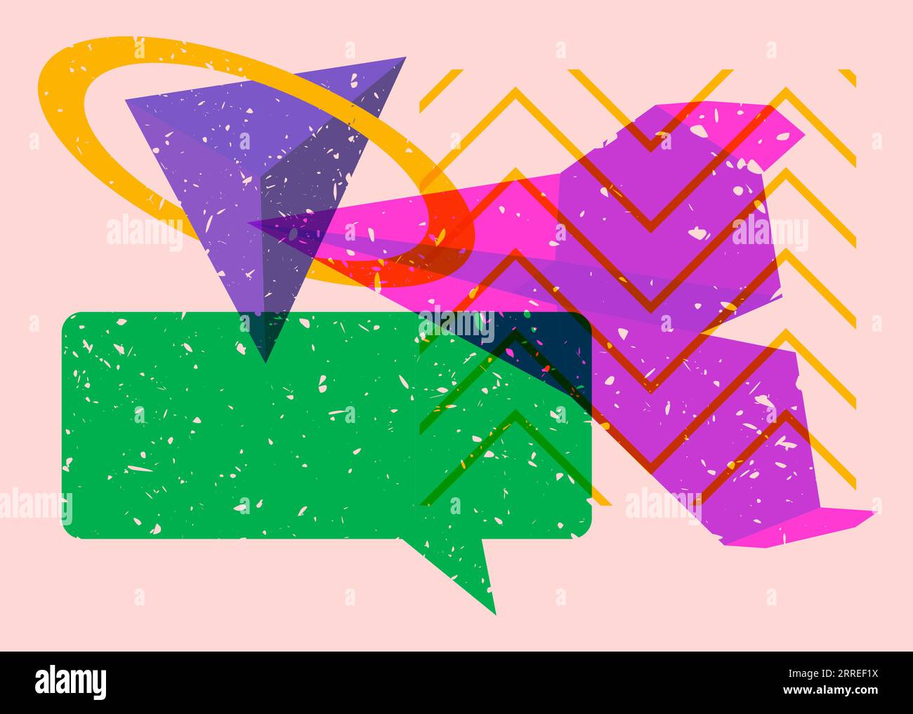 Paper Airplane and speech bubble with colorful geometric shapes. Object in trendy riso graph ...