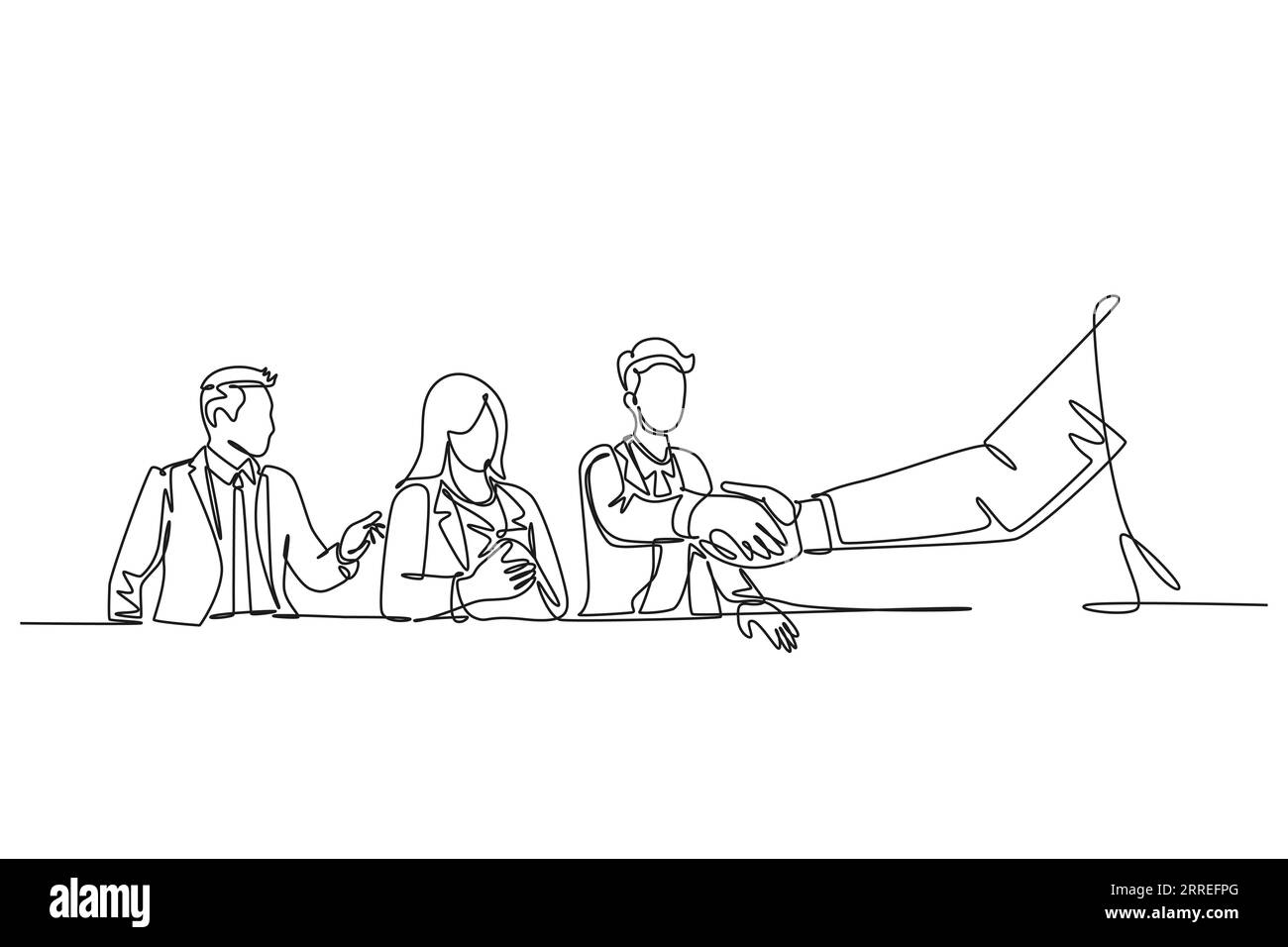 Single one line drawing happy business woman and businessman ...