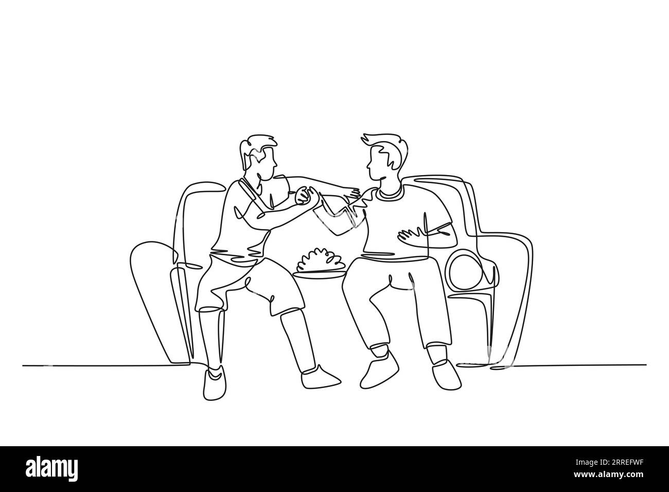 Single continuous line drawing of two young men soccer fans club ...