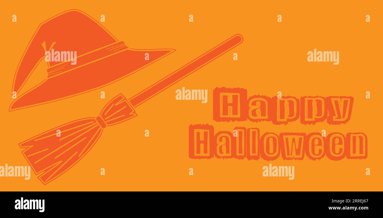 Halloween simple orange background outline hat and broom lettering ...