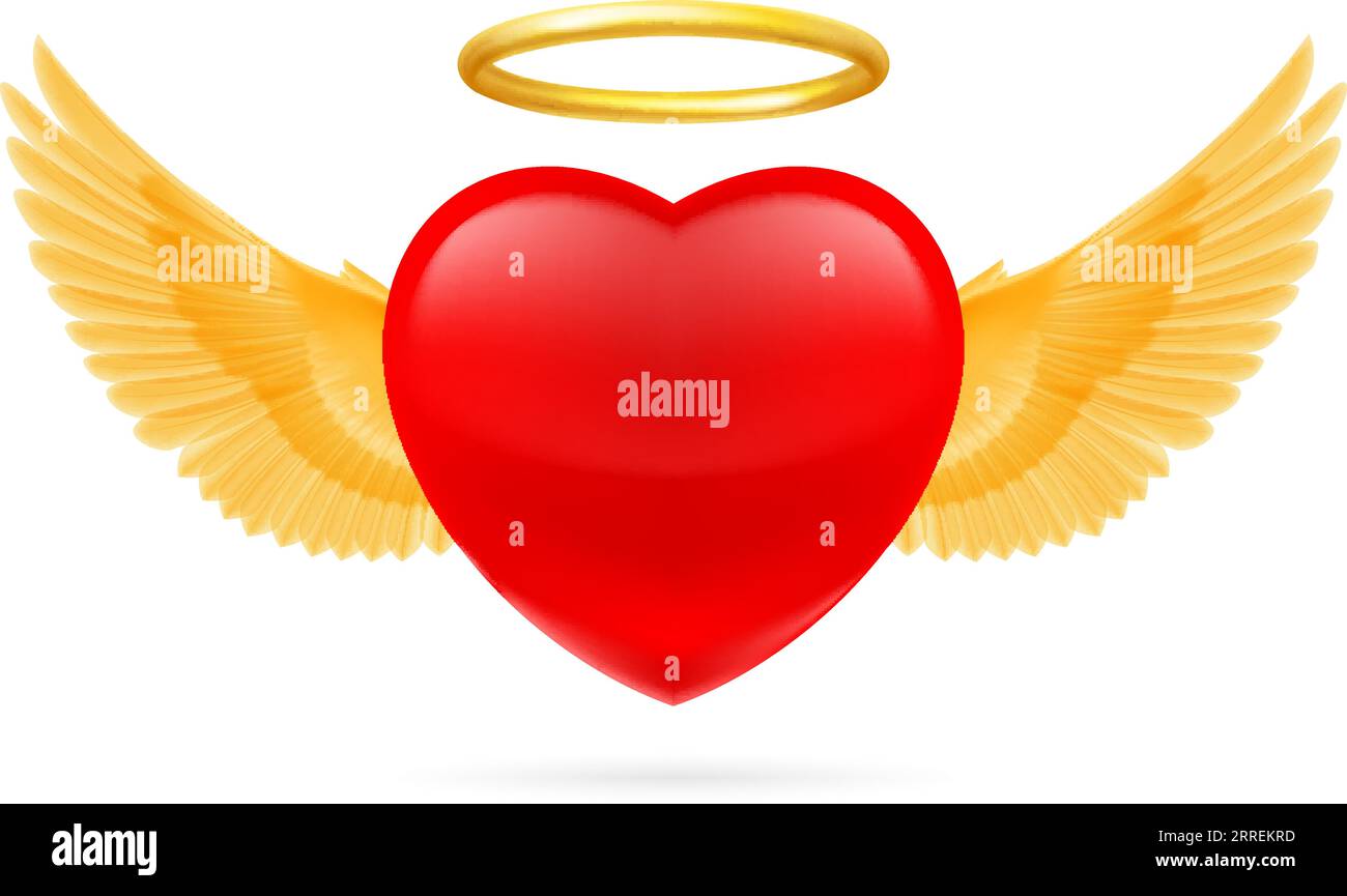 Red Heart with Golden Nimbus and Angel Wings. Cute Cartoon Style ...