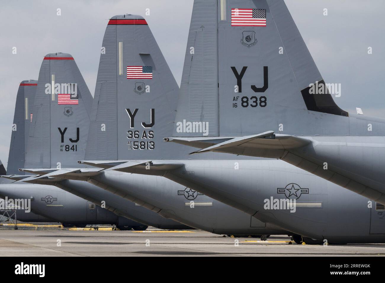 Tokyo, Japan. 20th May, 2023. The tail-fins of a line of US airforce ...