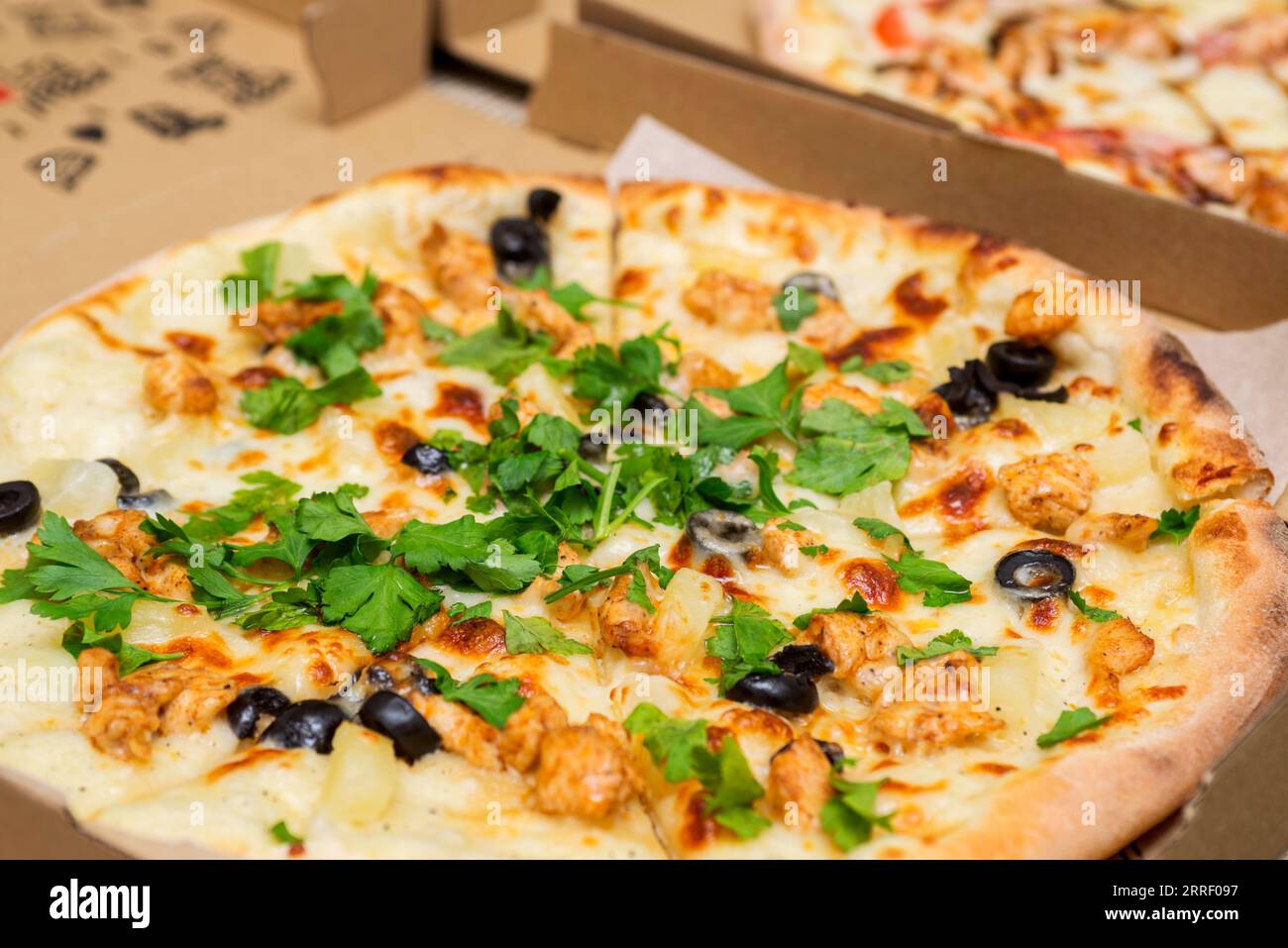 Pizza in a cardboard box for delivery. Pizza in delivery box Stock ...