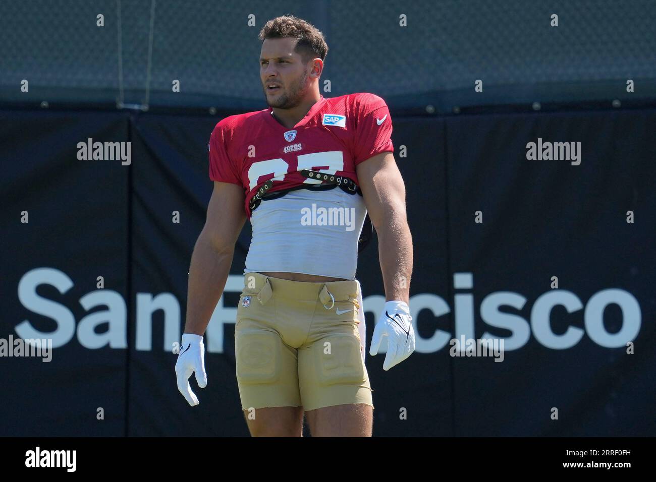 San Francisco 49ers defensive end Nick Bosa takes part in an NFL ...