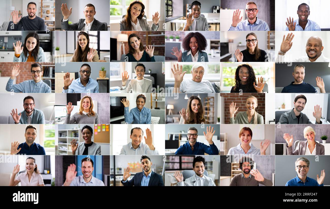 Online Virtual Video Conference Call. Group Of People Waving Goodbye ...