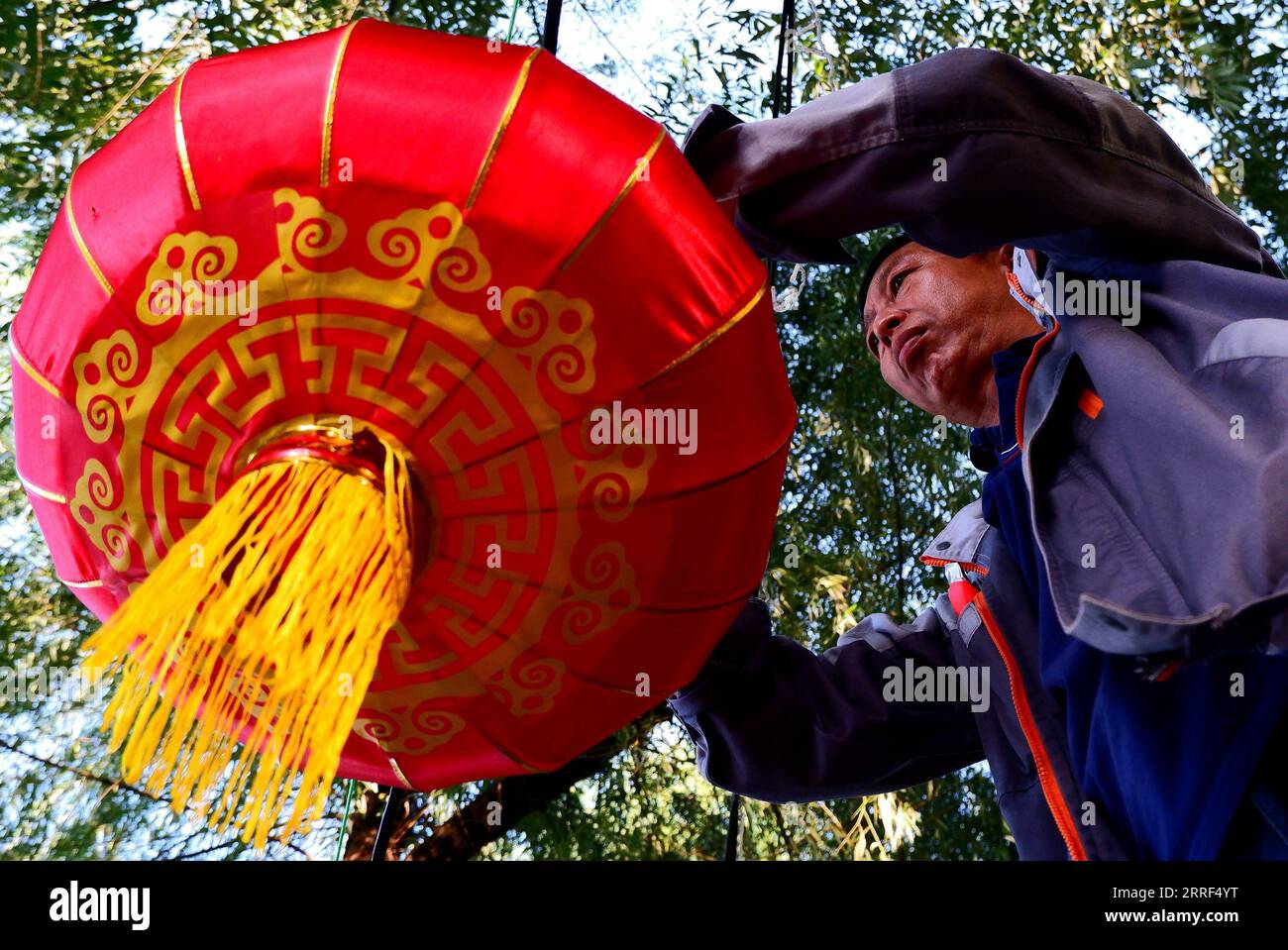 Harbin City, China, 6 September, 2023. Lanterns are hung on the street ...
