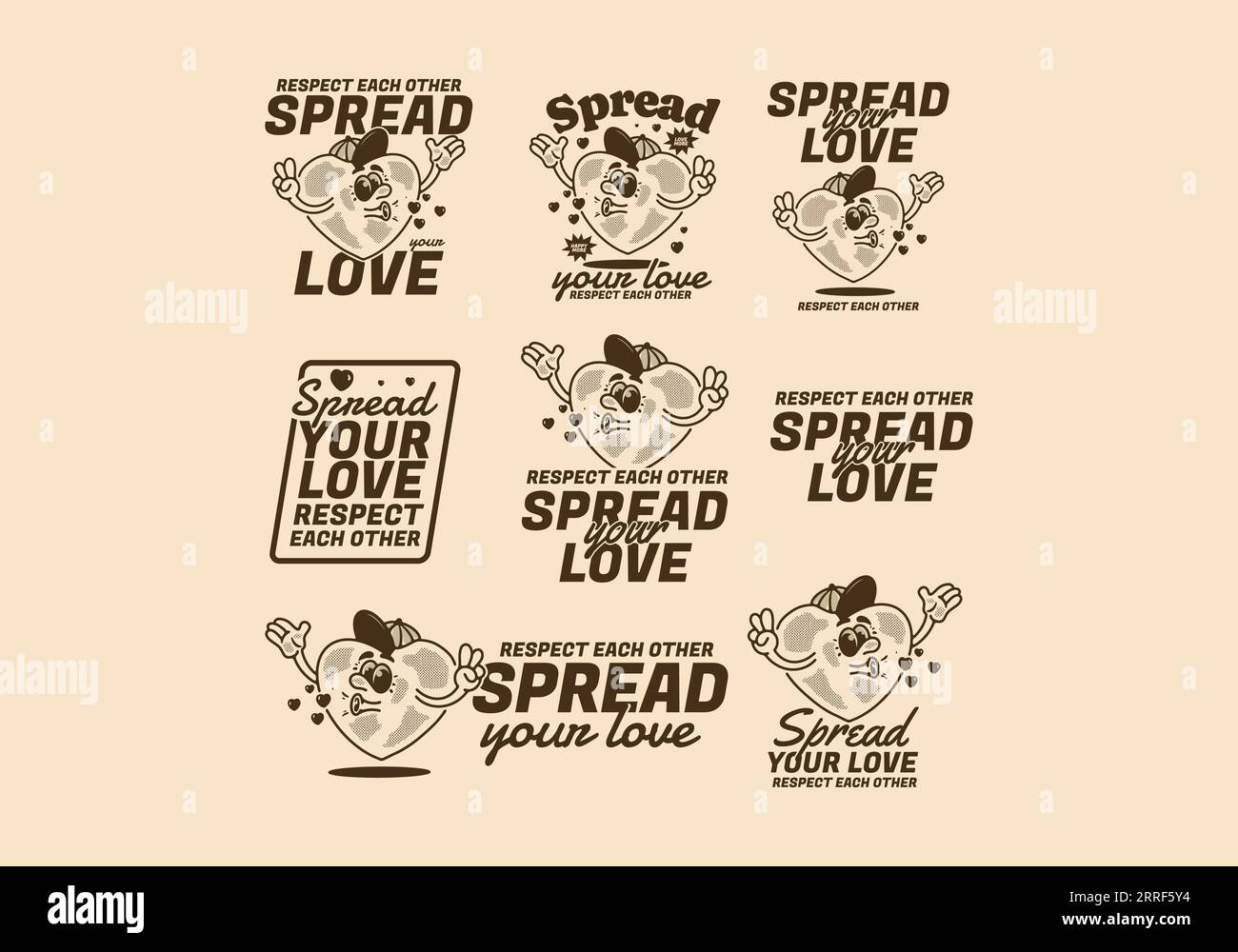 Spread your love, a variation of heart mascot character in retro style ...
