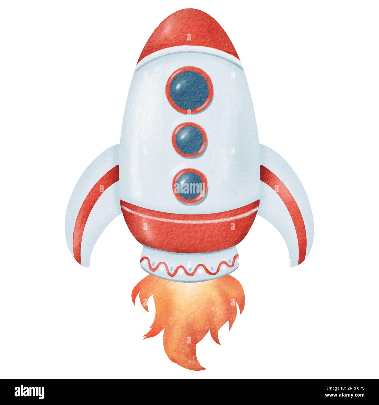 Cartoon rocket with fiery thruster. Watercolor isolated illustration ...
