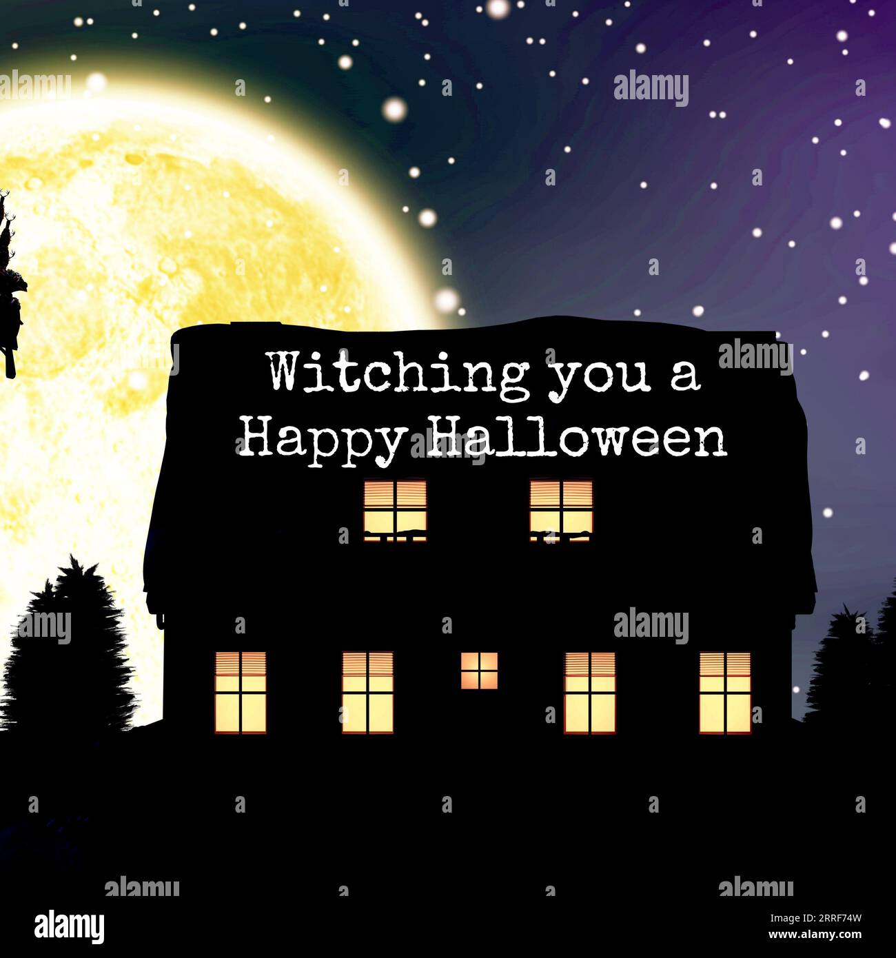 Composite of witching you a happy halloween text and house with full ...