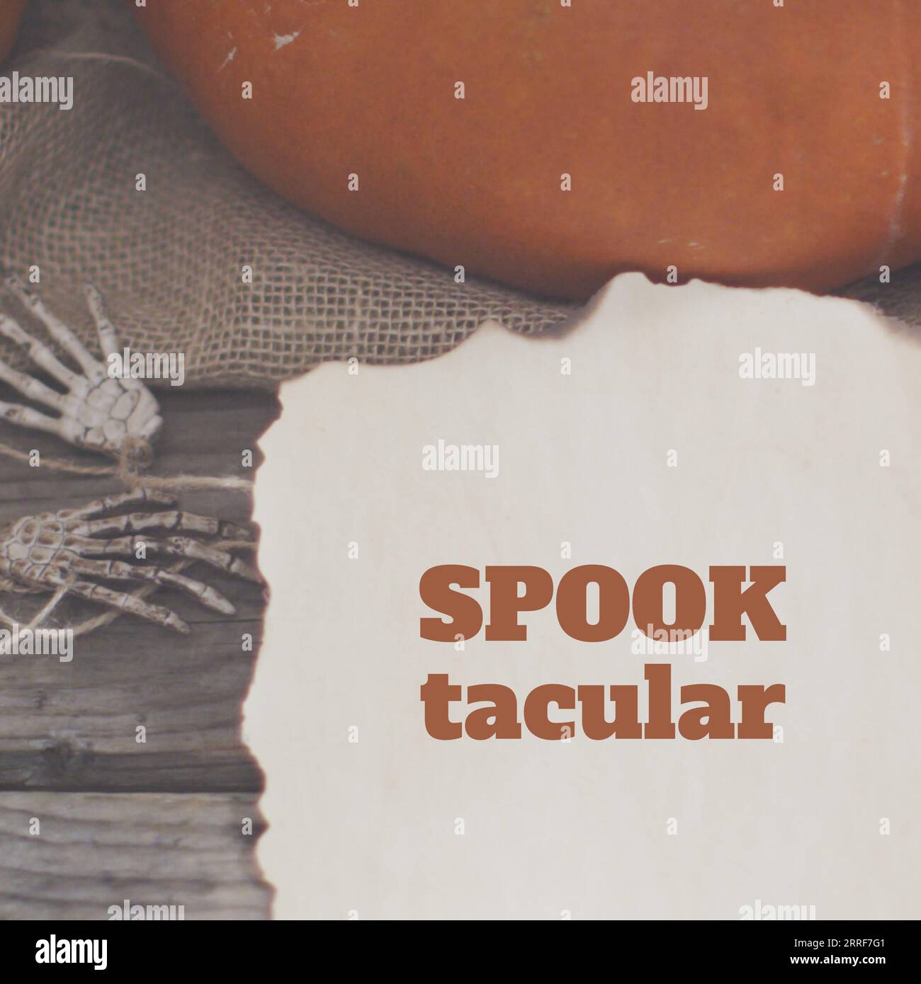 Composite of spooktacular text and halloween pumpkin and skeleton hands ...