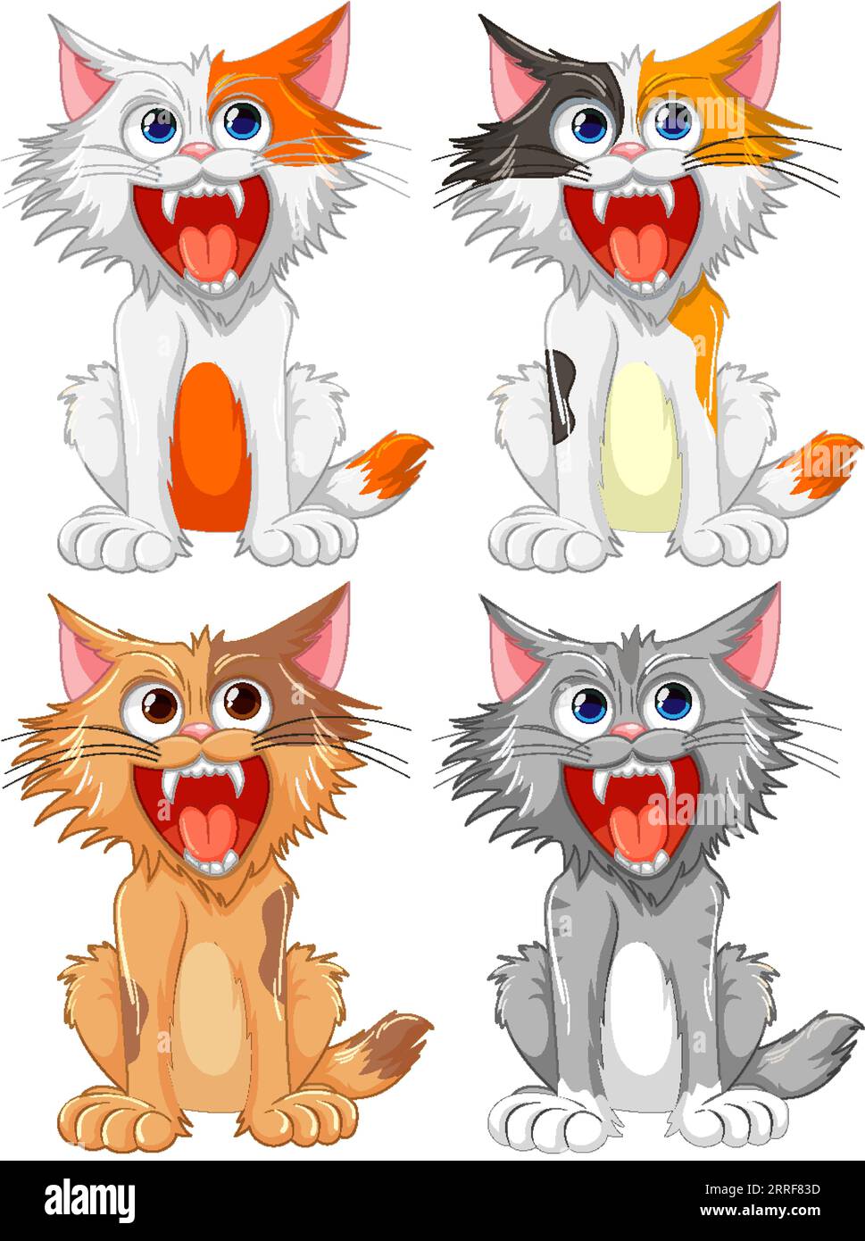 Four cartoon cats with open mouths and sharp teeth, isolated on a white ...