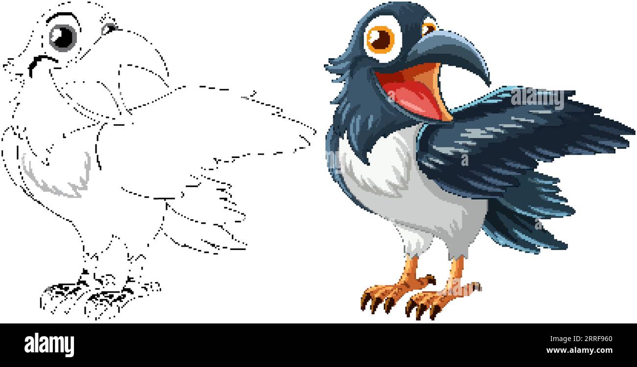 A vector cartoon illustration of a smiling raven with one open wing ...