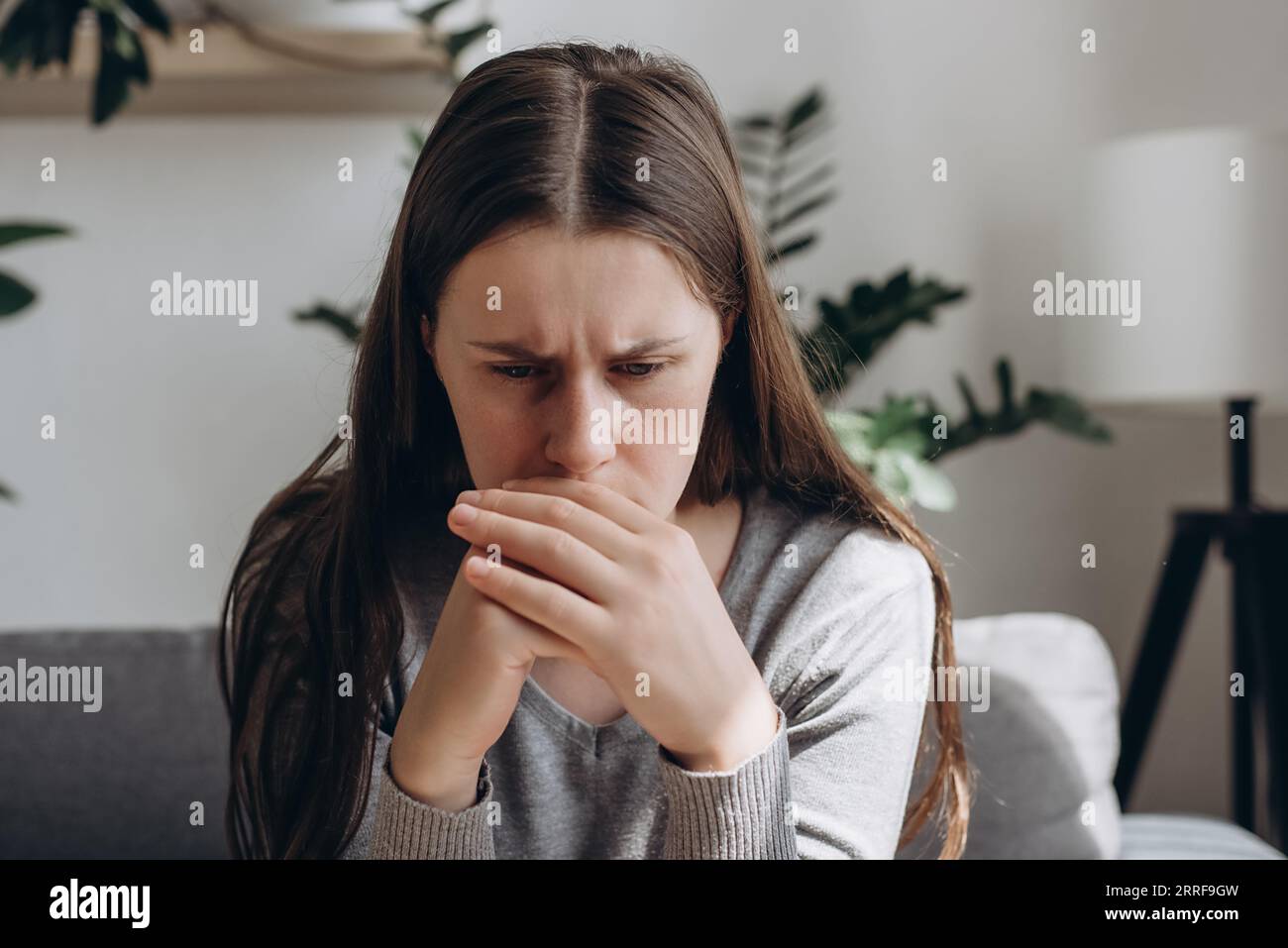 Upset young caucasian woman expression face thinking about problem ...