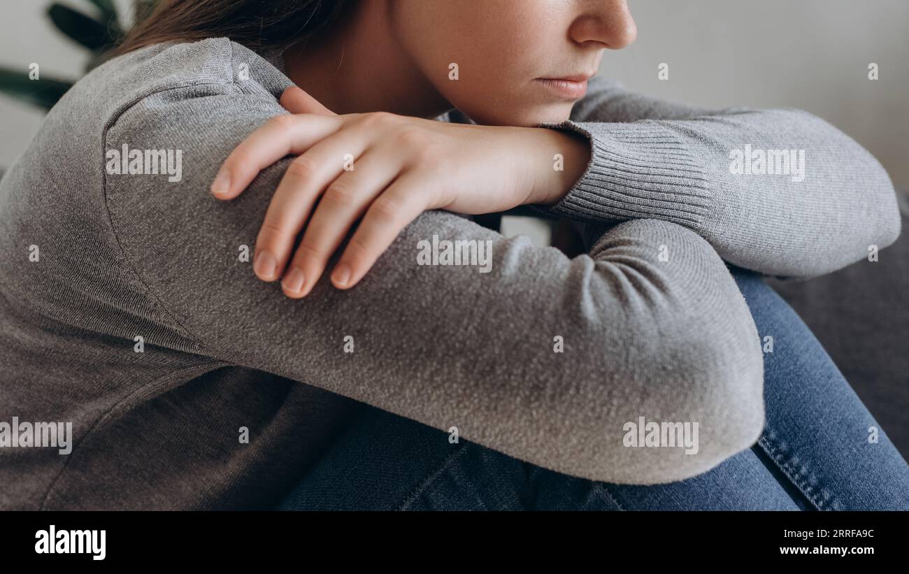 Thoughtful worried caucasian female suffering depression feeling lonely ...
