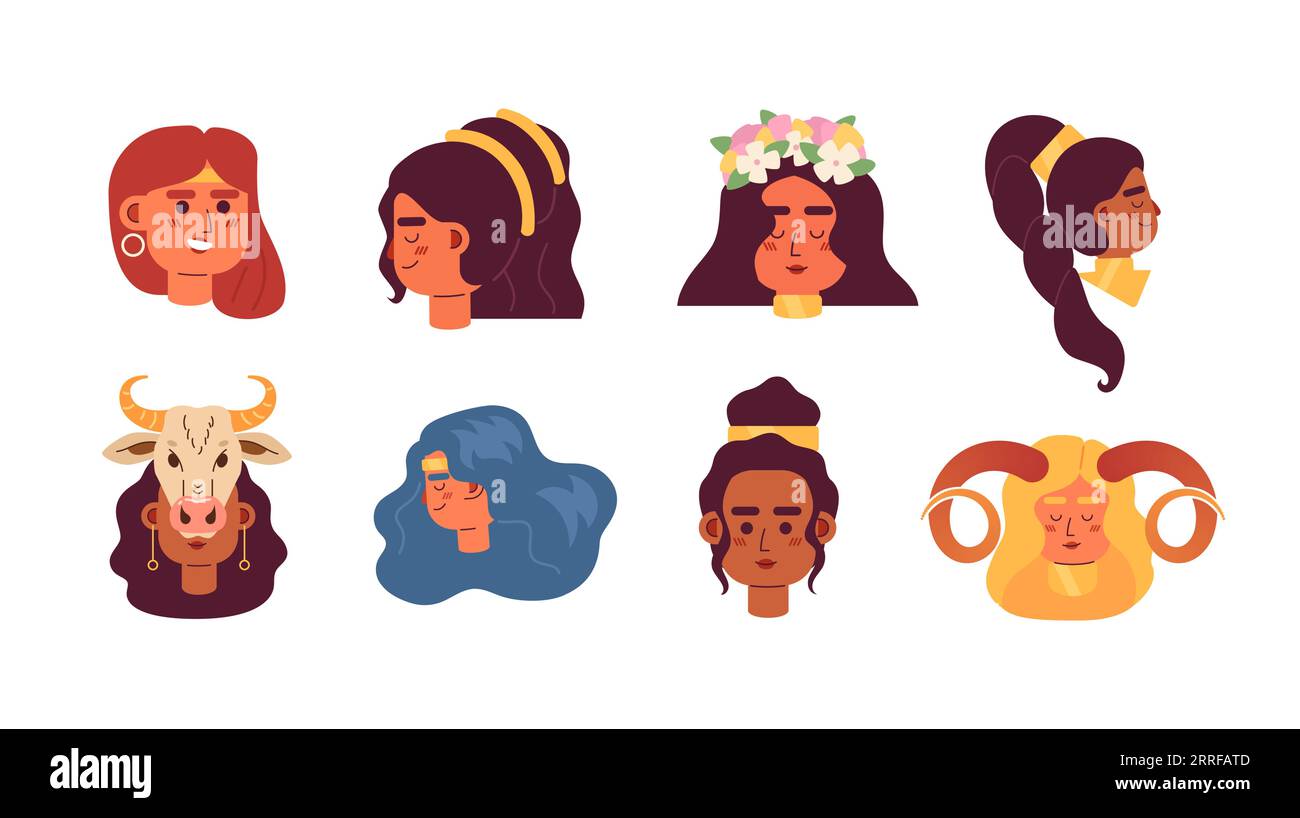 Mysterious women semi flat colour vector character heads pack Stock ...