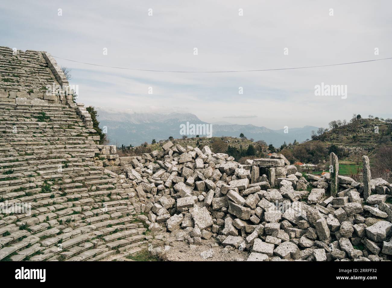 Scenic view of ancient antique ruins remnants of stone stadium arena ...