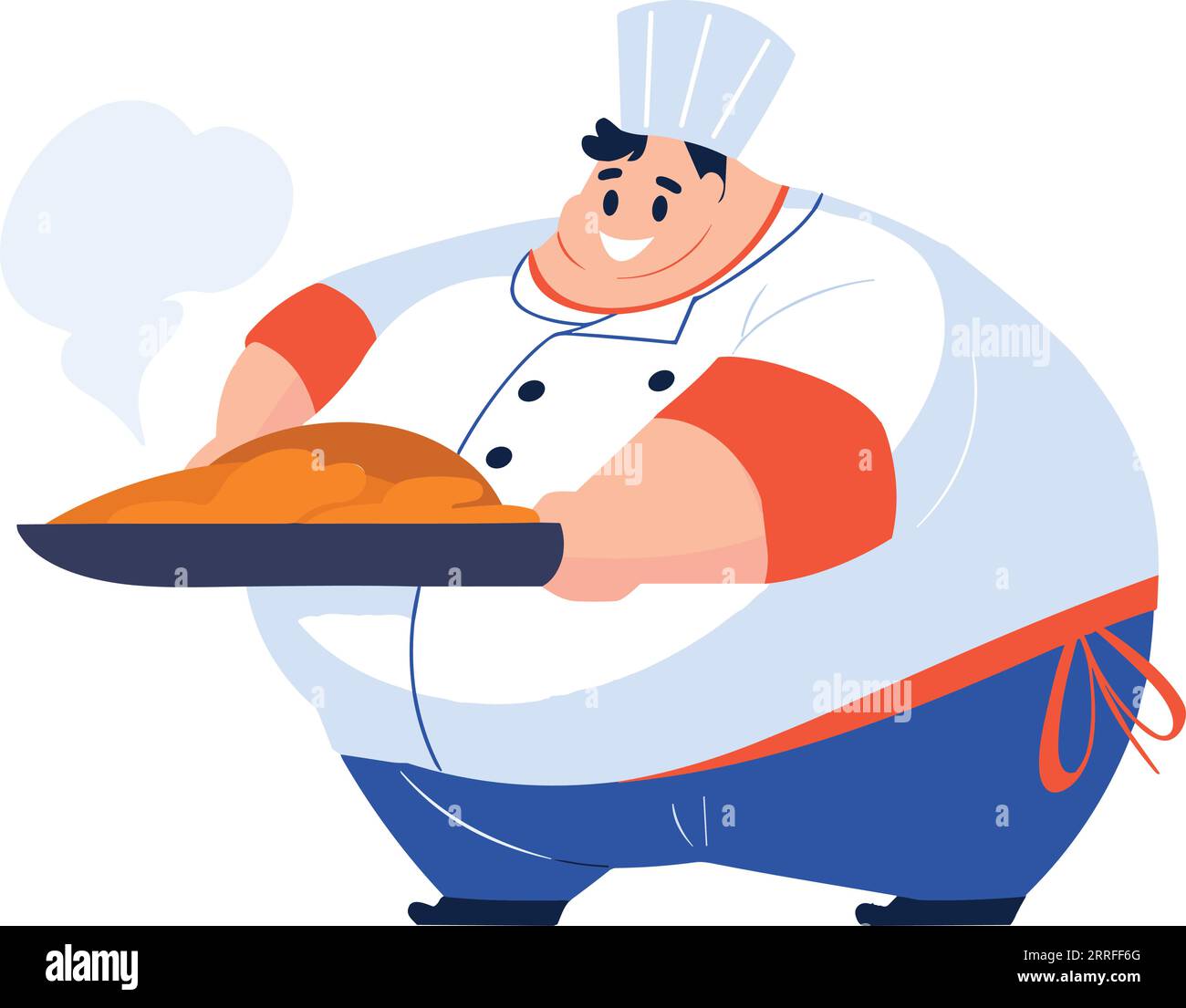 Hand Drawn Overweight chef cooking in the kitchen in flat style ...
