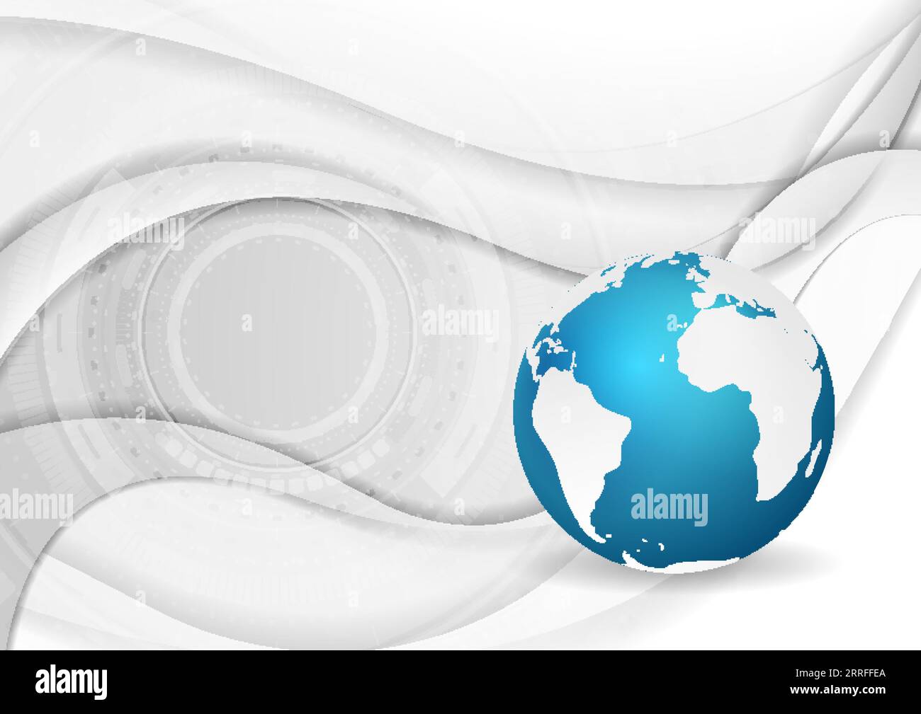 Grey smooth waves with HUD elements and blue globe technology background. Abstract vector design ...