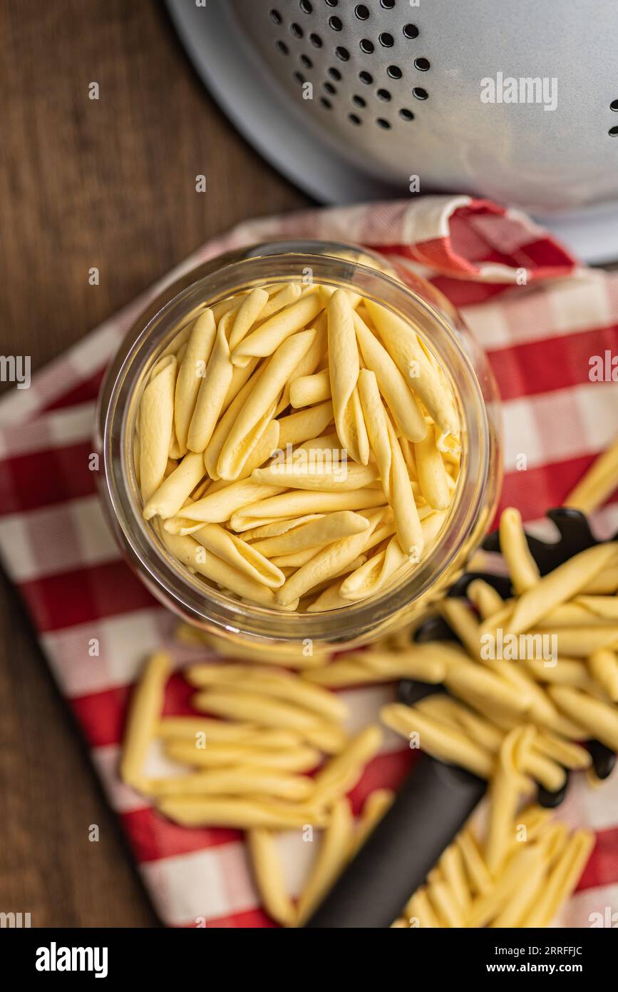 Fusilli pugliesi. Italian twisted pasta in the jar. Top view Stock ...