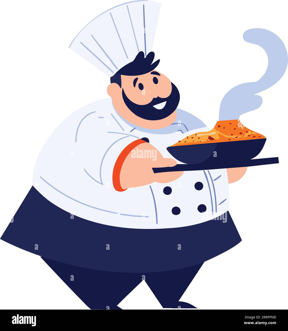 Hand Drawn Overweight chef cooking in the kitchen in flat style ...