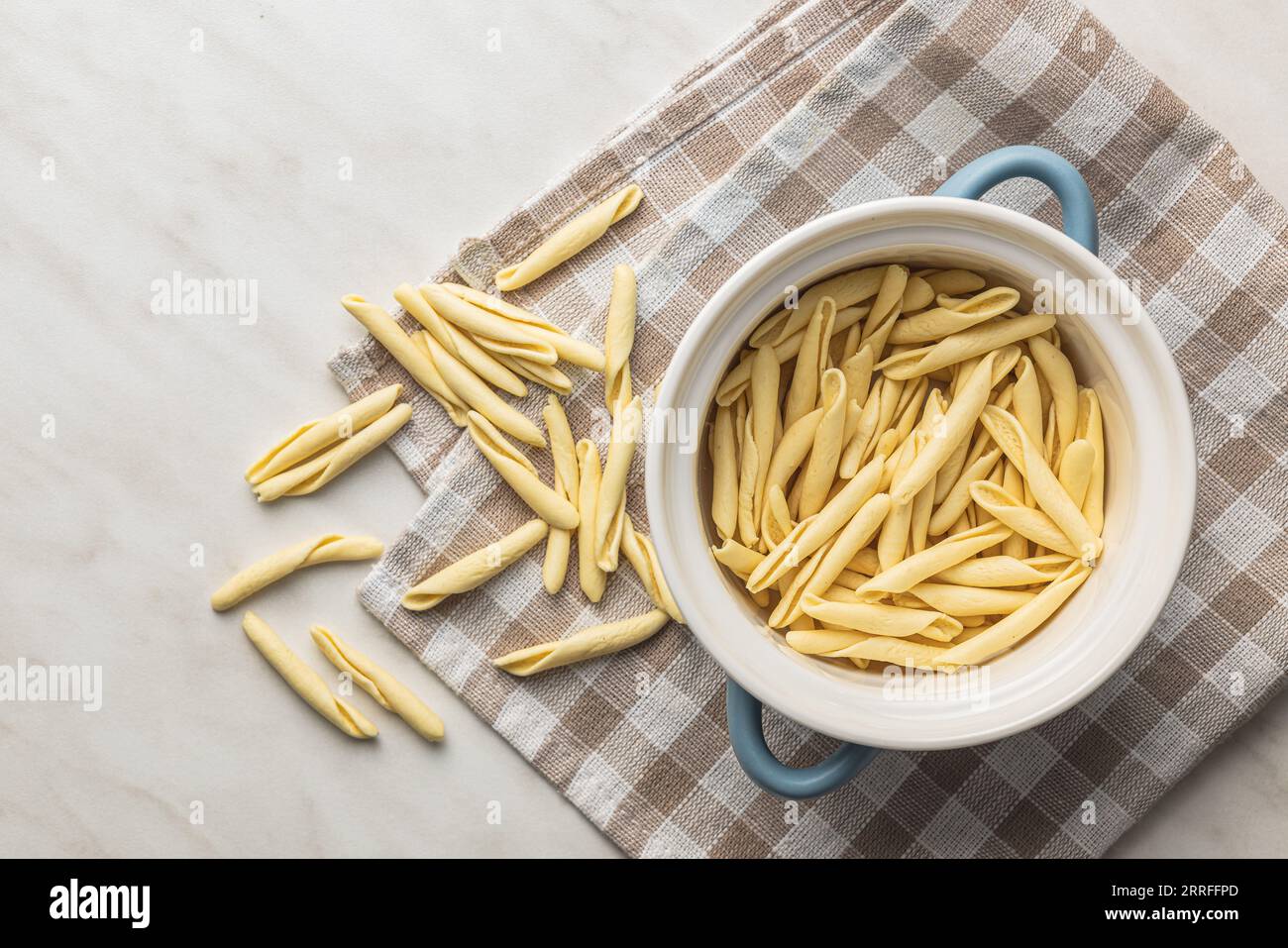 Fusilli pugliesi. Italian twisted pasta in the pot. Top view Stock ...