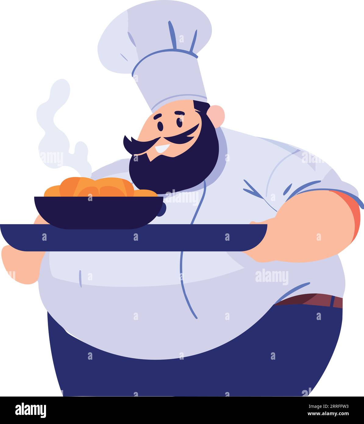 Hand Drawn Overweight chef cooking in the kitchen in flat style ...
