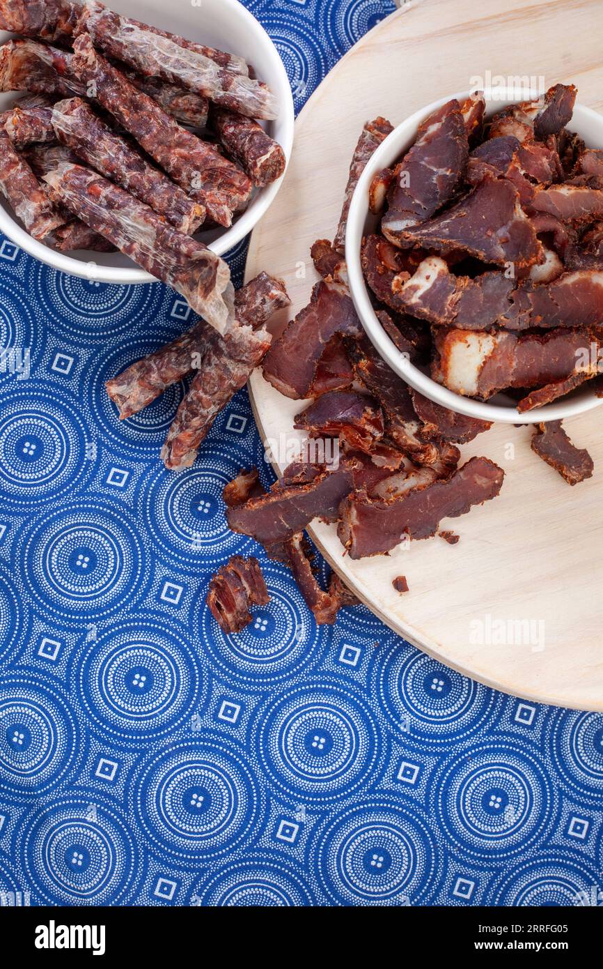 South African Traditional Biltong and dry wors on blue traditional ...
