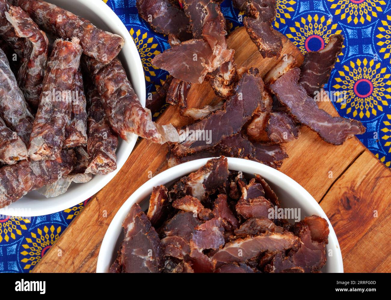 South African Traditional Biltong and dry wors on blue traditional ...