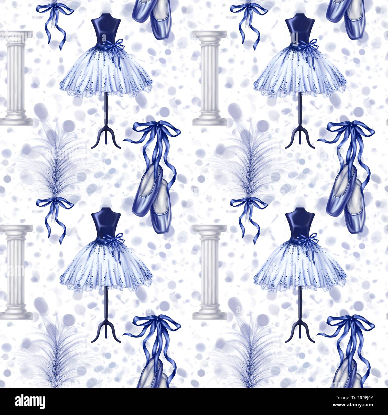 Seamless pattern with ballet blue outfits. Dance tutus, pointe shoes ...