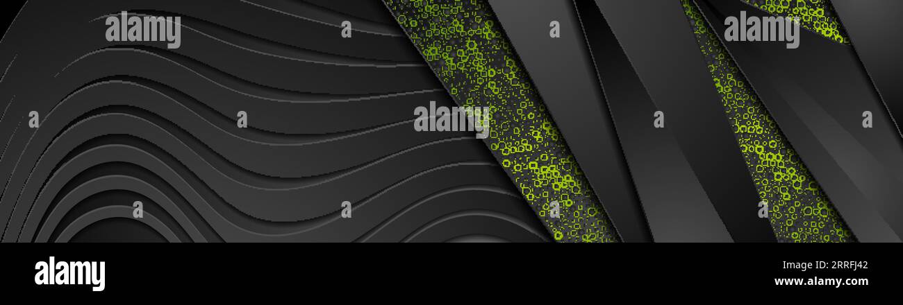 Black technology banner header with waves texture and green dots ...