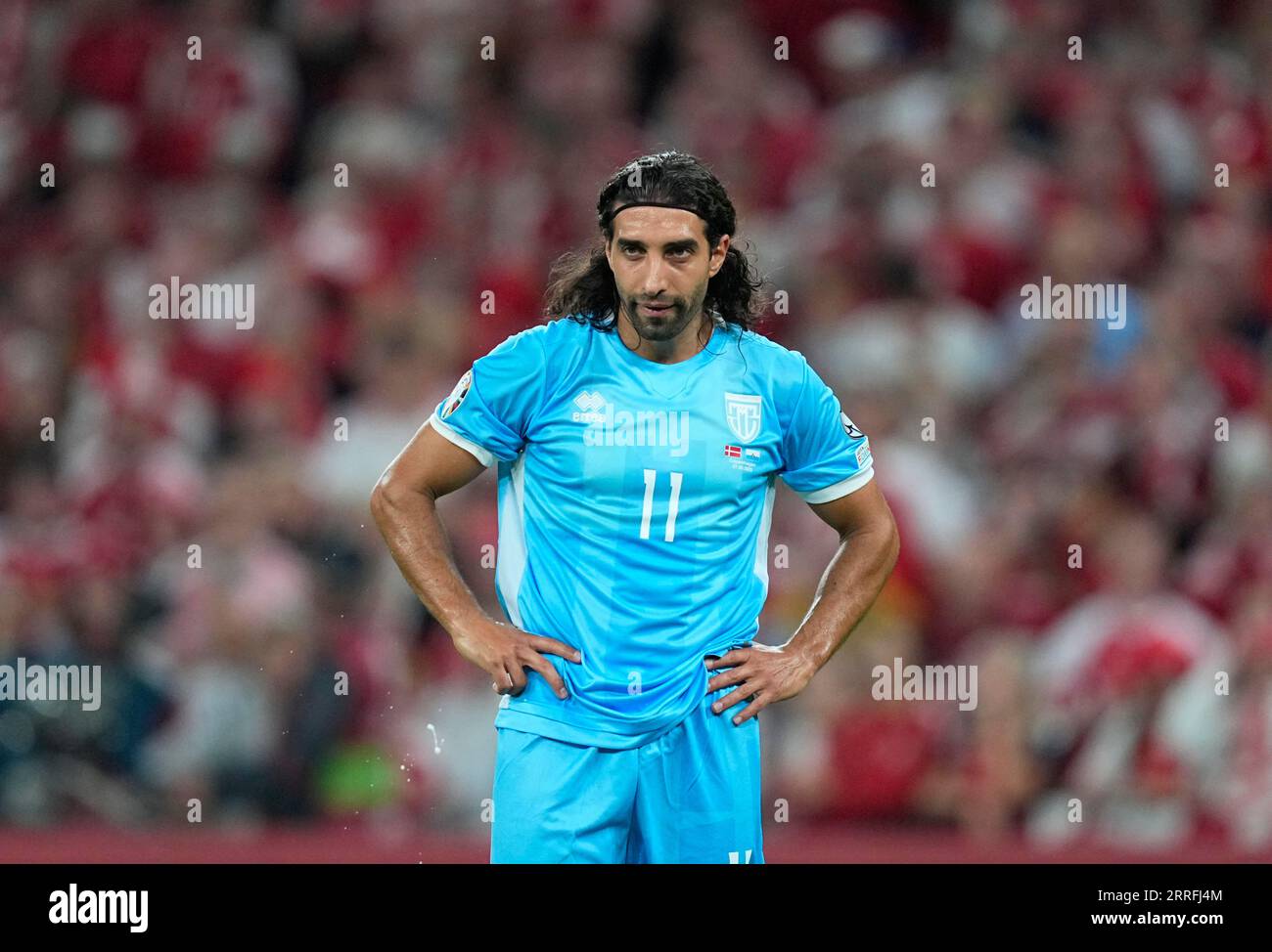 Parken, Copenhagen, Denmark. 07th Sep, 2023. Manuel Battistini (San Marino) looks on during a ...
