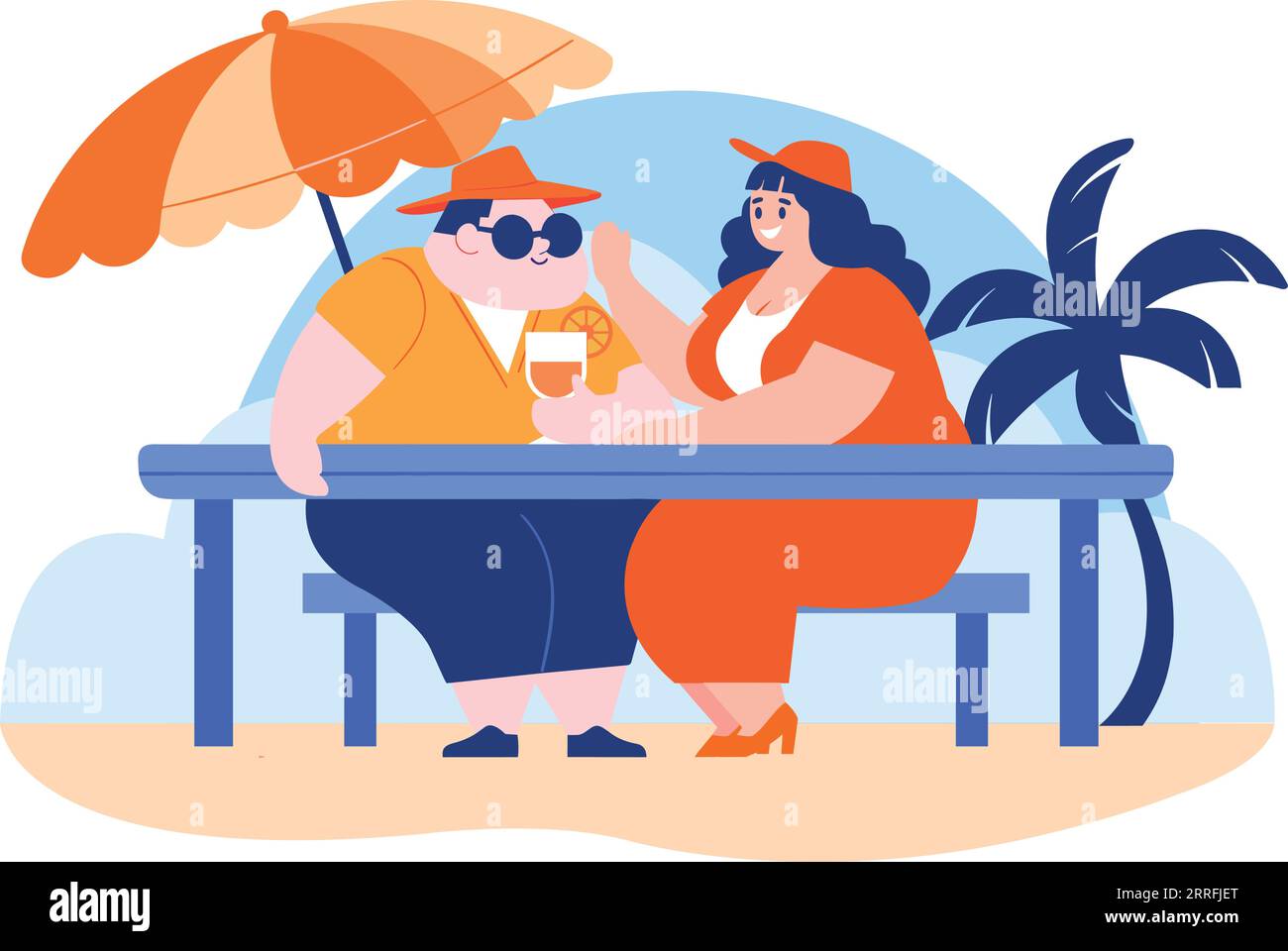 Hand Drawn Overweight couple having a drink at a bar by the sea in flat ...
