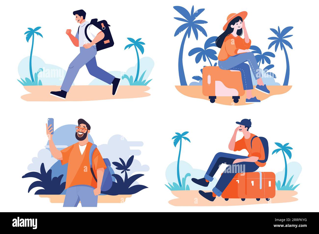 Hand Drawn Tourists relaxing by the sea on vacation in flat style ...