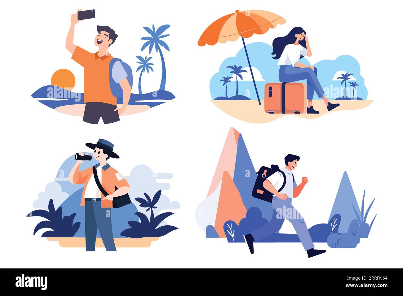 Hand Drawn Tourists relaxing by the sea on vacation in flat style ...