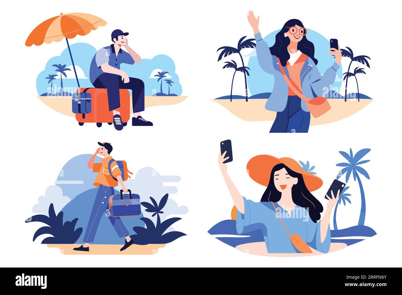 Hand Drawn Tourists relaxing by the sea on vacation in flat style ...