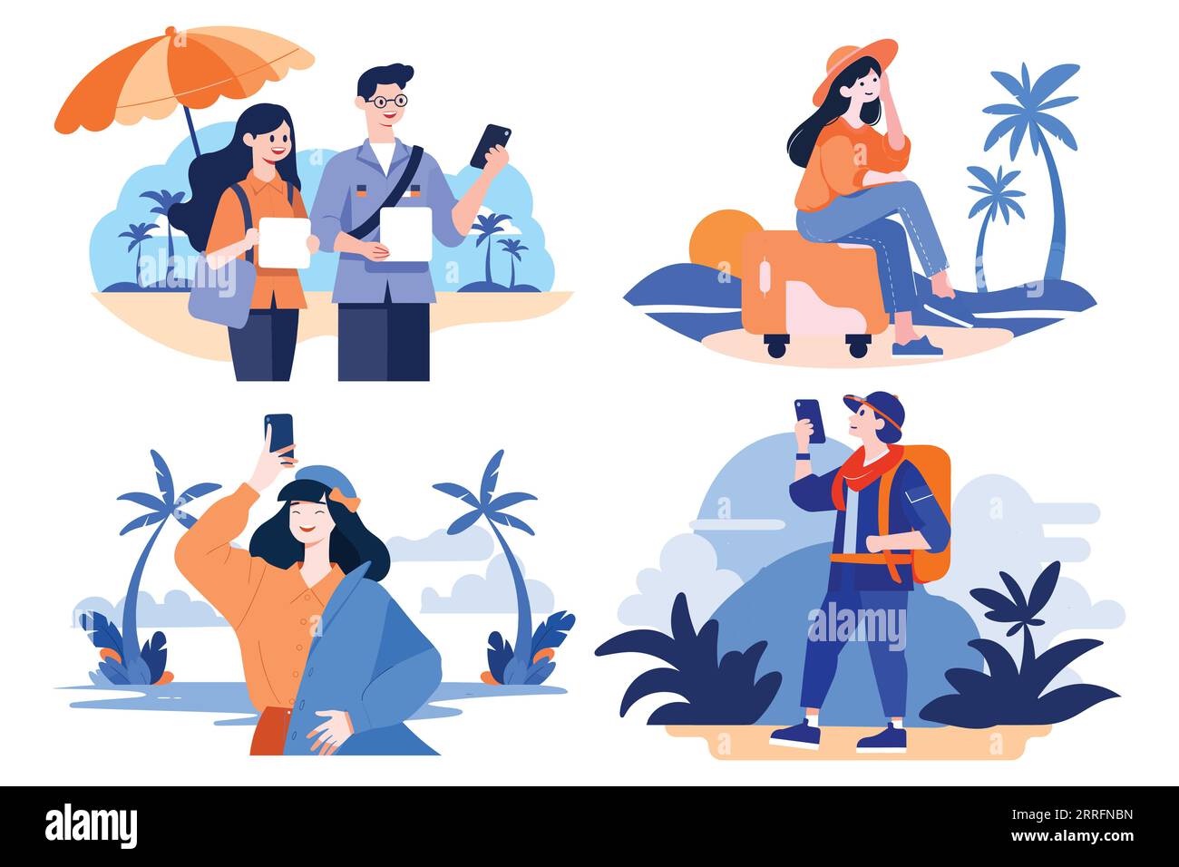 Hand Drawn Tourists relaxing by the sea on vacation in flat style ...